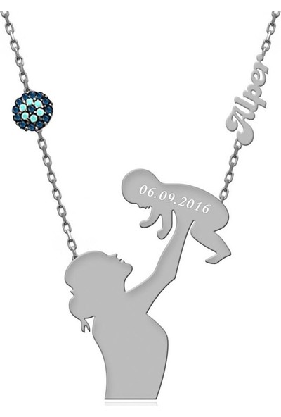 Nayino Takı Nazarlı Isimli Tarihli Anne Çocuk Beyaz Gümüş Kolye