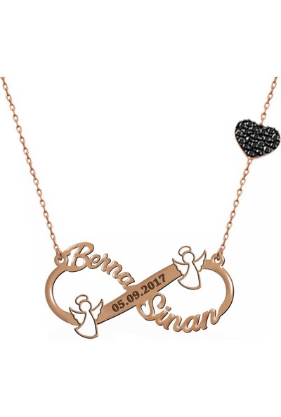 Nayino Takı Kişiye Özel Siyah Kalpli Sonsuzluk Rose Gümüş Melek Kolyesi Nayino Takı Kişiye Özel Siyah Kalpli Sonsuzluk Rose Gümüş Melek Kolyesi