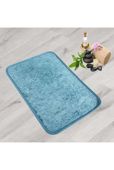 Else Halı Mavi Düz Renk Kabartma Banyo Klozet Önü Paspası