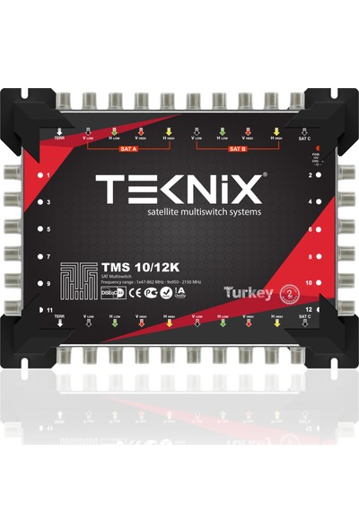 Teknoline Tms 10X12 K 2 Uydu + Dijitürk Uydusu (3 Uydu) + Karasal Yayın Girişli ve 12 Ayrı Daire Çıkışlı Teknoline Tms 10X12 K 2 Uydu + Dijitürk Uydusu (3 Uydu) + Karasal Yayın Girişli ve 12 Ayrı Daire Çıkışlı