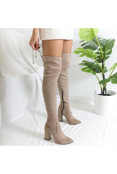 Limoya Alanna Bej Süet Sivri Burunlu Kalın Topuklu Dizüstü Çizme