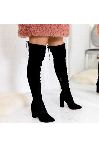 Limoya Alanna Siyah Süet Sivri Burunlu Kalın Topuklu Dizüstü Çizme