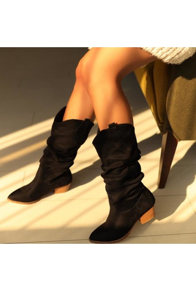 Limoya Kinslee Siyah Süet Sivri Burun Körüklü Çizme