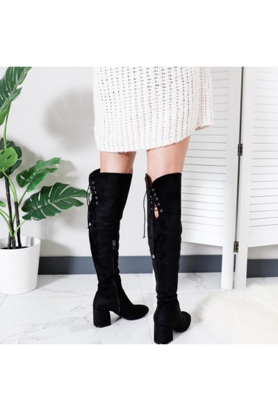 Limoya Serena Siyah Bağcık Detaylı Alçak Kare Topuklu Dizüstü Çizme