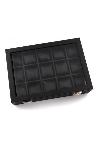 Aydın Dekor Camlı Deri Siyah 15 Bölmeli Saat Bileklik Tablası