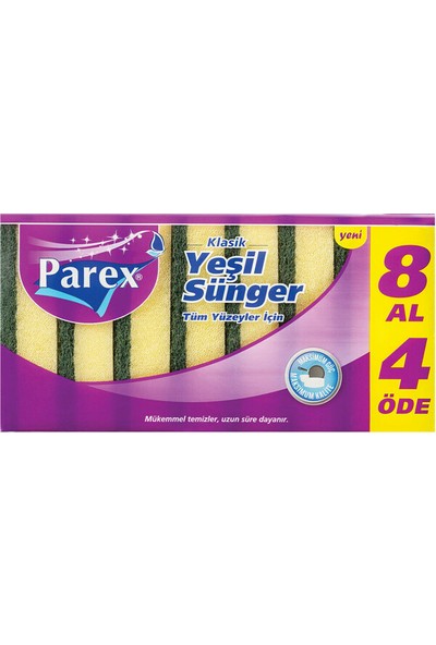 Parex Klasik Yeşil Düz Sünger 8 'li Eko Paket kk