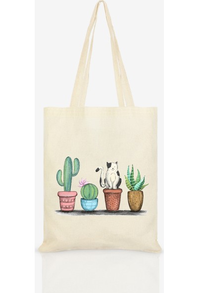 Çınar Kaktüs ve Kedi Baskılı Ham Bez Çanta
