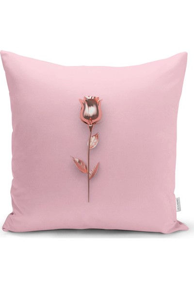 RealHomes Pembe Zeminli Altın Gül 3D Baskılı Yastık Kırlent Kılıfı