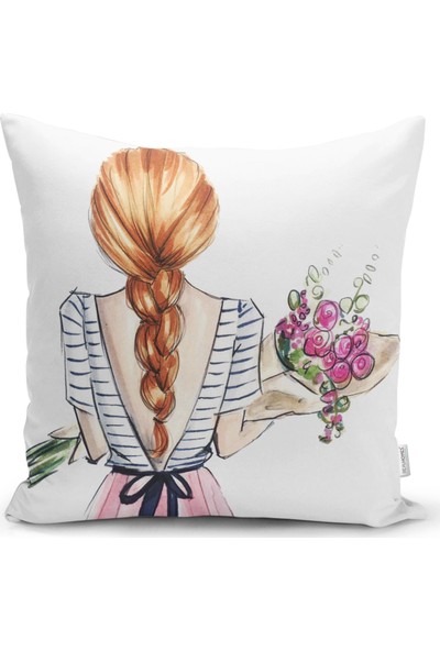 RealHomes Çiçekli Kız Çizimli Modern Dekoratif Yastık Kırlent Kılıfı RealHomes Çiçekli Kız Çizimli Modern Dekoratif Yastık Kırlent Kılıfı
