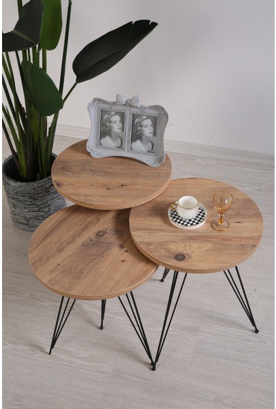 Evnalia Metal Ayaklı Mermer Desenli 3'lü Zigon Sehpa Barok Çam