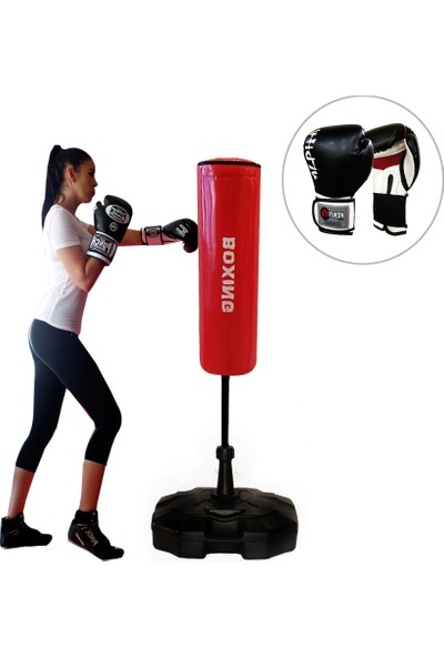 Spor Byfit 152 cm Ayaklı Yaylı Kırmızı Boks Vurma Standı + Boks Eldiveni