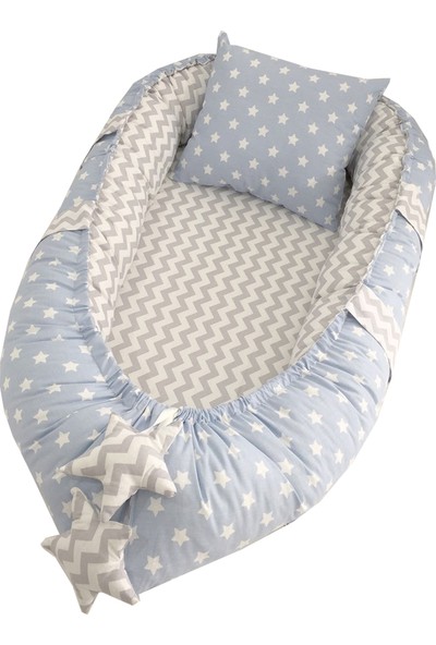 Modastra Babynest Mavi ve Gri Zigzag Tasarım Baby Nest