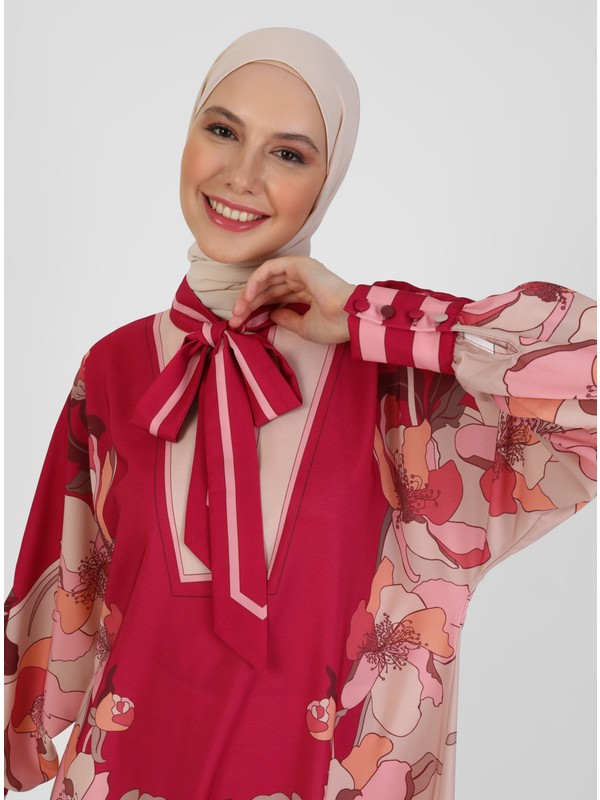 Refka Bağlama Detaylı Pano Desen Tunik Vişne Bej Refka Woman Fiyatı