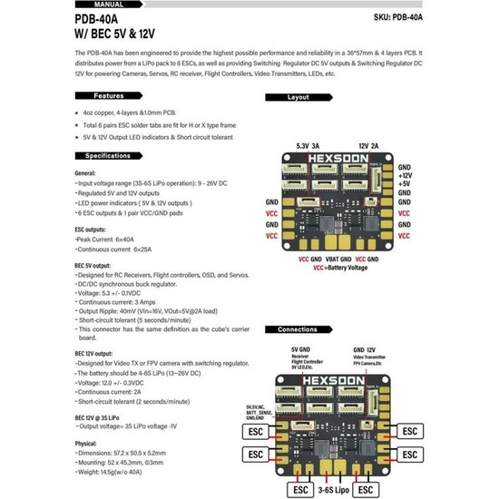 Pixhawk Hexsoon Power Distribution Board PDB-40A W/ Bec 5V & Fiyatı