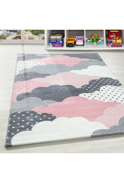 Ayyıldız Halı Çocuk Bebek Odası Halısı Bulut Desenli Halı Gri Pembe Beyaz