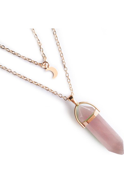 Chavin 2 Sıra Zincirli Doğaltaş Pembe Kuvars Bayan Kolye ED38-8