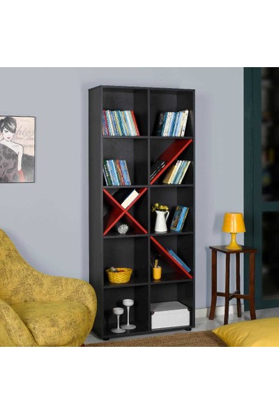 Adore Gaming 10 Raflı Dekoratif Kitaplık Antrasit - Kırmızı