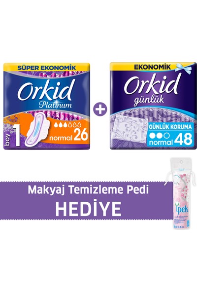 Orkid Fırsat Paketi Platinum Hijyenik Ped Normal 26'lı + Günlük Ped 48'li (Makyaj Temizleme Pedi Hediyeli) Orkid Fırsat Paketi Platinum Hijyenik Ped Normal 26'lı + Günlük Ped 48'li (Makyaj Temizleme Pedi Hediyeli)