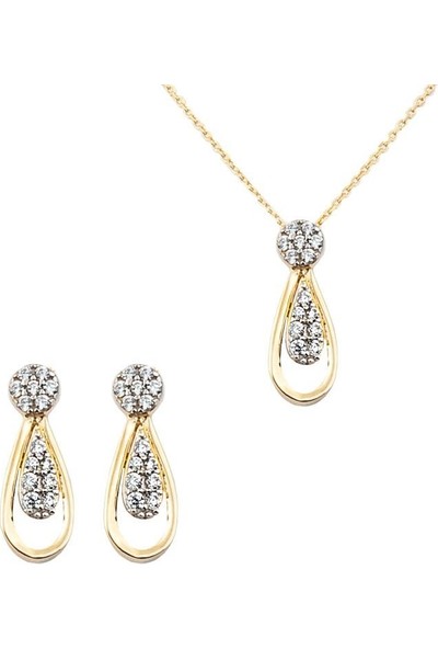 Label Jewelry Taşlı Damla Kolye + Küpeli 14 Ayar Altın Set