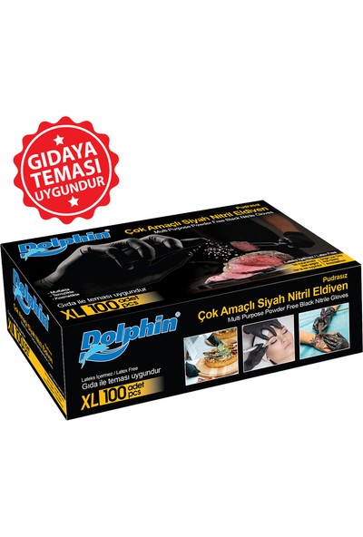 Dolphin Çok Amaçlı Siyah Nitril Pudrasız Eldiven (Xl) 100'lü (Gıdaya Uygun)