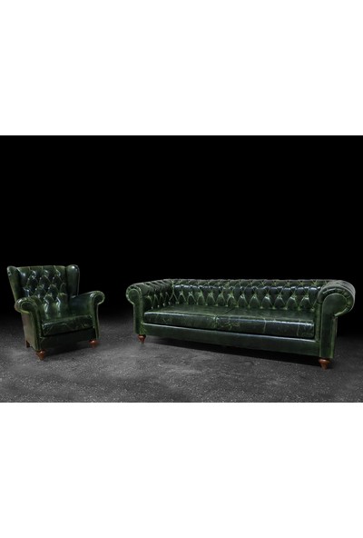 Verze Pullup Yeşil Deri Chesterfield Büro Koltuk Takımı