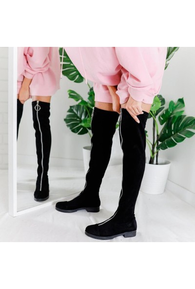 Limoya Breana Siyah Süet Önden Fermuarlı Dizüstü Streç Çizme