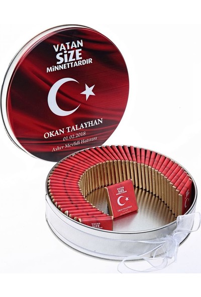 İkranur Asker Çikolatası Baskılı Metal Yuvarlak Kutu 50 Li - Bayrak