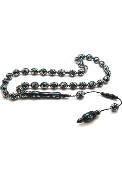 DAVİD BLACK Kumpas İşçilikli Gümüş-Firuze İşlemeli Arpa Kesim Erzurum Oltu Taşı Tesbih (M-2) DAVİD BLACK Kumpas İşçilikli Gümüş-Firuze İşlemeli Arpa Kesim Erzurum Oltu Taşı Tesbih (M-2)