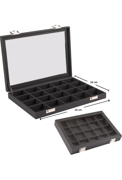 Aydın Dekor Cam Kapaklı Deri Siyah 20 Bölmeli Takı Tabla Aydın Dekor Cam Kapaklı Deri Siyah 20 Bölmeli Takı Tabla