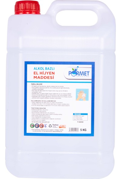 Pormet Alkol Bazlı El Hijyen Maddesi 5 kg Pormet Alkol Bazlı El Hijyen Maddesi 5 kg