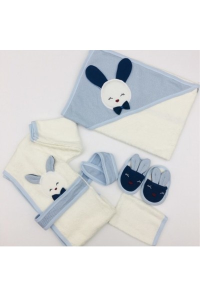 Gaye Bebe 4 Parça Tavşanlı Bebek Bornoz Takımı Mavi