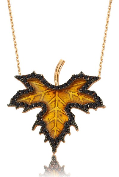 Yeşil Mineli Siyah Taş Çınar Yaprağı Gümüş Bayan Kolye cz47