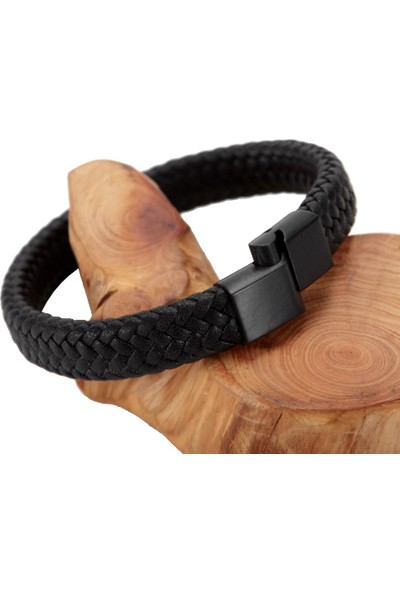 Chavin Siyah Orjinal Deri, Mat Siyah Çelik Erkek Bileklik Dn31