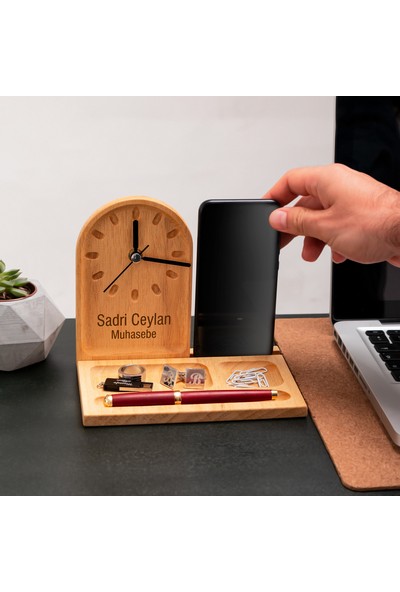 Kişiye Özel Saatli Masaüstü Ahşap Organizer