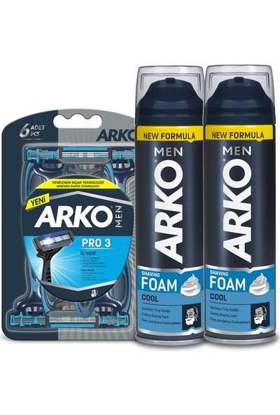 Arko Men T3 Pro Tıraş Bıçağı 6'lı & Tıraş Köpüğü Cool 2'li 200 ml Arko Men T3 Pro Tıraş Bıçağı 6'lı & Tıraş Köpüğü Cool 2'li 200 ml