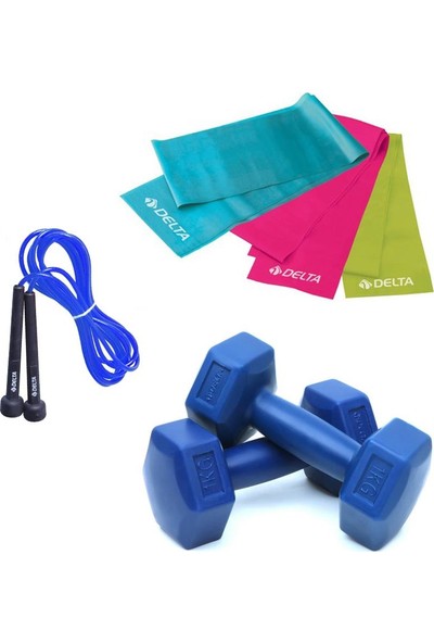 Delta 1 Kg x 2 Adet Plastik Dambıl 3'lü Pilates Bandı Atlama İpi