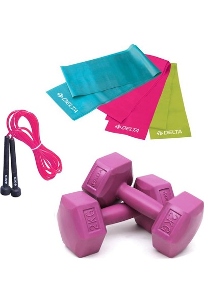Delta 2 Kg x 2 Adet Plastik Dambıl 3'lü Pilates Bandı Atlama İpi Delta 2 Kg x 2 Adet Plastik Dambıl 3'lü Pilates Bandı Atlama İpi