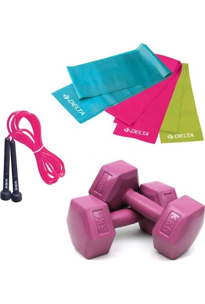 Delta 3 Kg x 2 Adet Plastik Dambıl 3'lü Pilates Bandı Atlama İpi
