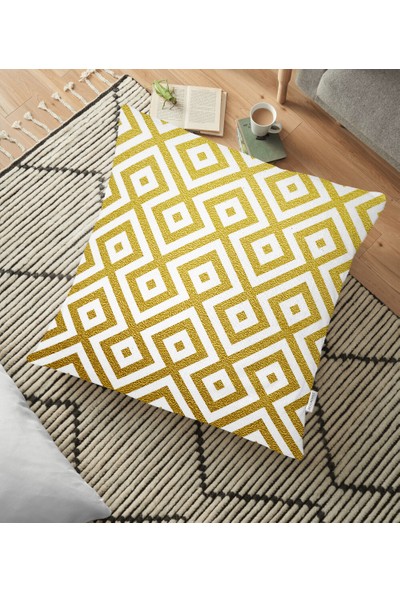 RealHomes Altın Renkli Geometrik Desenli Özel Tasarım Yer Minderi - 70 x 70 cm
