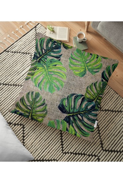 RealHomes Çuval Zeminli Palmiye Yaprakları Özel Tasarım Yer Minderi - 70 x 70 cm
