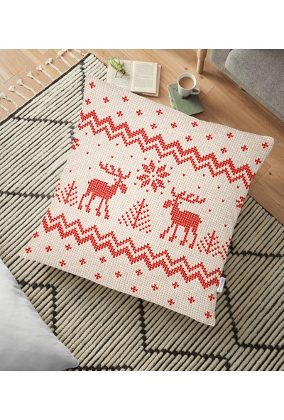 RealHomes Kanaviçe Motifli Yılbaşı Temalı Dijital Baskılı Yer Minderi - 70 x 70 cm