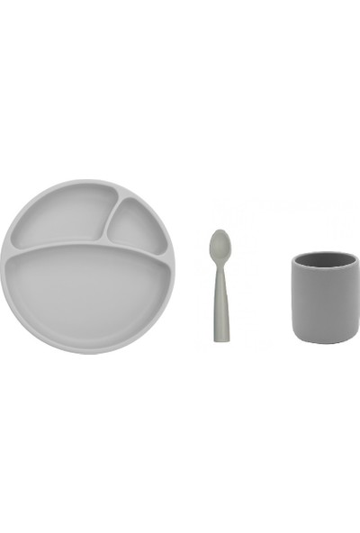 Oioi Silikon Yemek Seti Gri - Tabak + Kaşık + Bardak