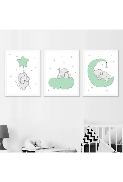 Minik Ayı Sevimli Filler Üçlü Çerçeve Seti-Yeşil