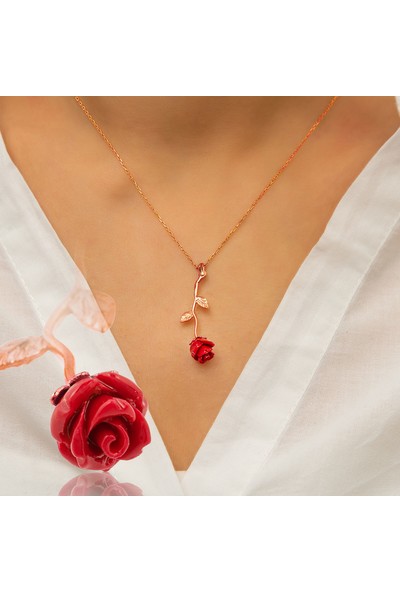 Papatya Silver Gümüş Kırmızı Gül Kolye
