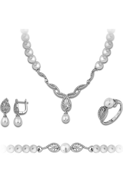 Chavin İnci Gümüş Kolye Küpe Bileklik Yüzük Takım Set EE08