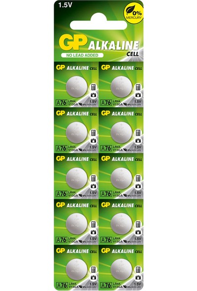 GP 10'lu A76 1.5V Alkalin Düğme Pil LR44-AG13 (GPA76F-2C10) GP 10'lu A76 1.5V Alkalin Düğme Pil LR44-AG13 (GPA76F-2C10)
