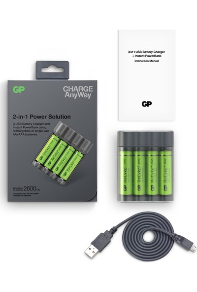 GP Pil Şarj Cihazı + Anlık Powerbank ve Recyko+ 4 Adet 2700 Aa Kalem Pilli Set GP Pil Şarj Cihazı + Anlık Powerbank ve Recyko+ 4 Adet 2700 Aa Kalem Pilli Set