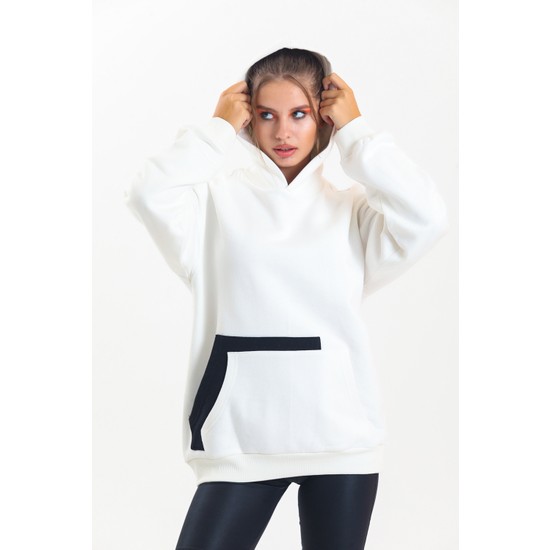 Pulur.co Ekru Kapüşonlu Çift Kanguru Cepli Oversize Fiyatı