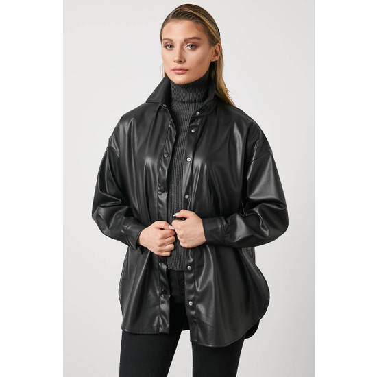 Sementa Oversize Suni Deri Gömlek - Siyah Fiyatı