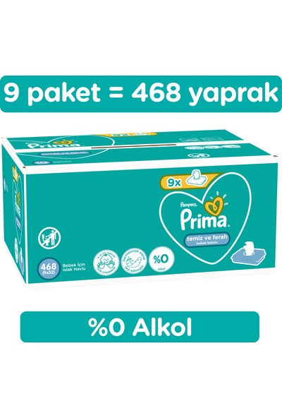Prima Islak Havlu Mendil Temiz ve Ferah 9'lu 468 Yaprak Fırsat Paketi Prima Islak Havlu Mendil Temiz ve Ferah 9'lu 468 Yaprak Fırsat Paketi